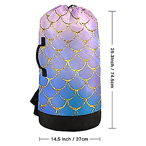 Mermaid Fish Scales Laundry Backpack Bag with Shoulder Straps Extra Large Hanging Laundry Hamper for College Dorm Travel Camp