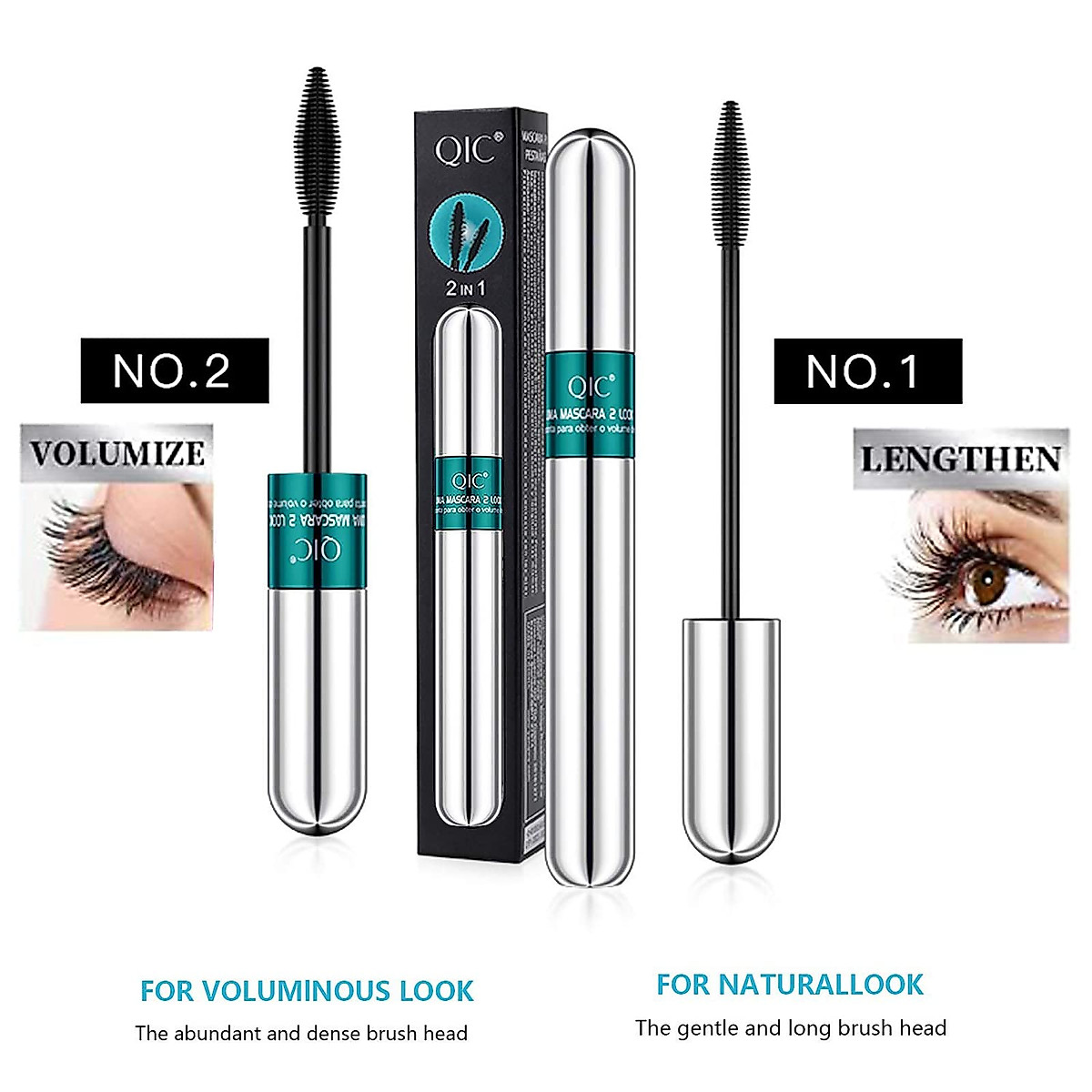 2 in 1 Vibely Mascara 5x Longer Voluminous Eyelashes, Natural Waterproof No Clumping, 3 Set with 4D Silk Fiber Mascara & Eyeliner & Eyebrow Pencil, Long Lasting Makeup Salon Kit (4# Black)
