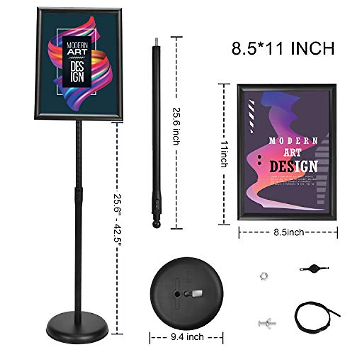 KOOV Poster Sign Stand 8.5 x 11 Inches Floor Standing Sign Holders, Adjustable Pedestal Poster Stand with Heavy Duty Round Base Both Vertical and Horizontal Sign Displayed, Black