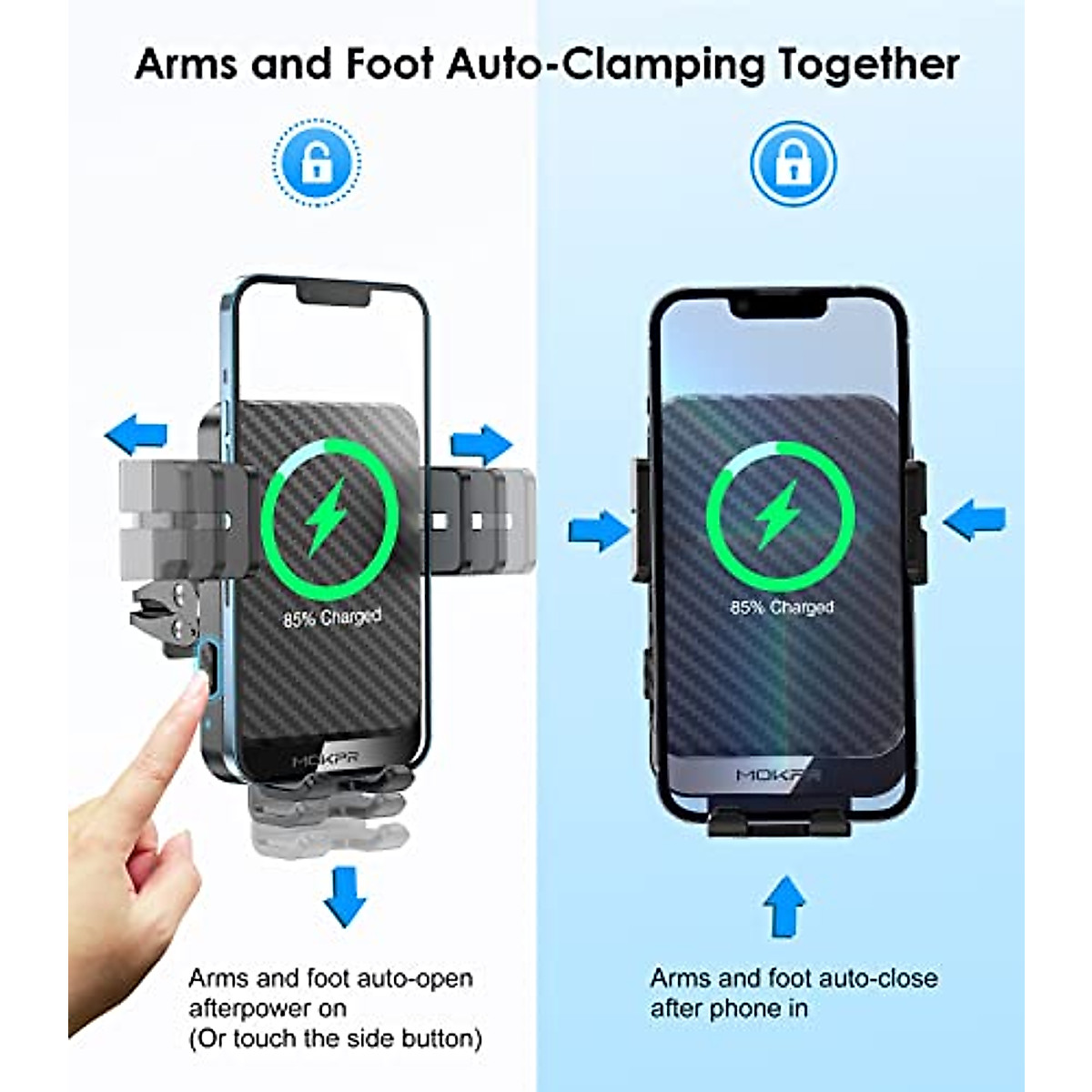 Wireless Car Charger, MOKPR 15W Fast Charging Auto-Clamping Car Charger Phone Mount Air Vent Cell Phone Holder Compatible iPhone 14/13/13 Pro/12 pro/12/11/X/8, Samsung Galaxy S23/S22/S21/S20, etc