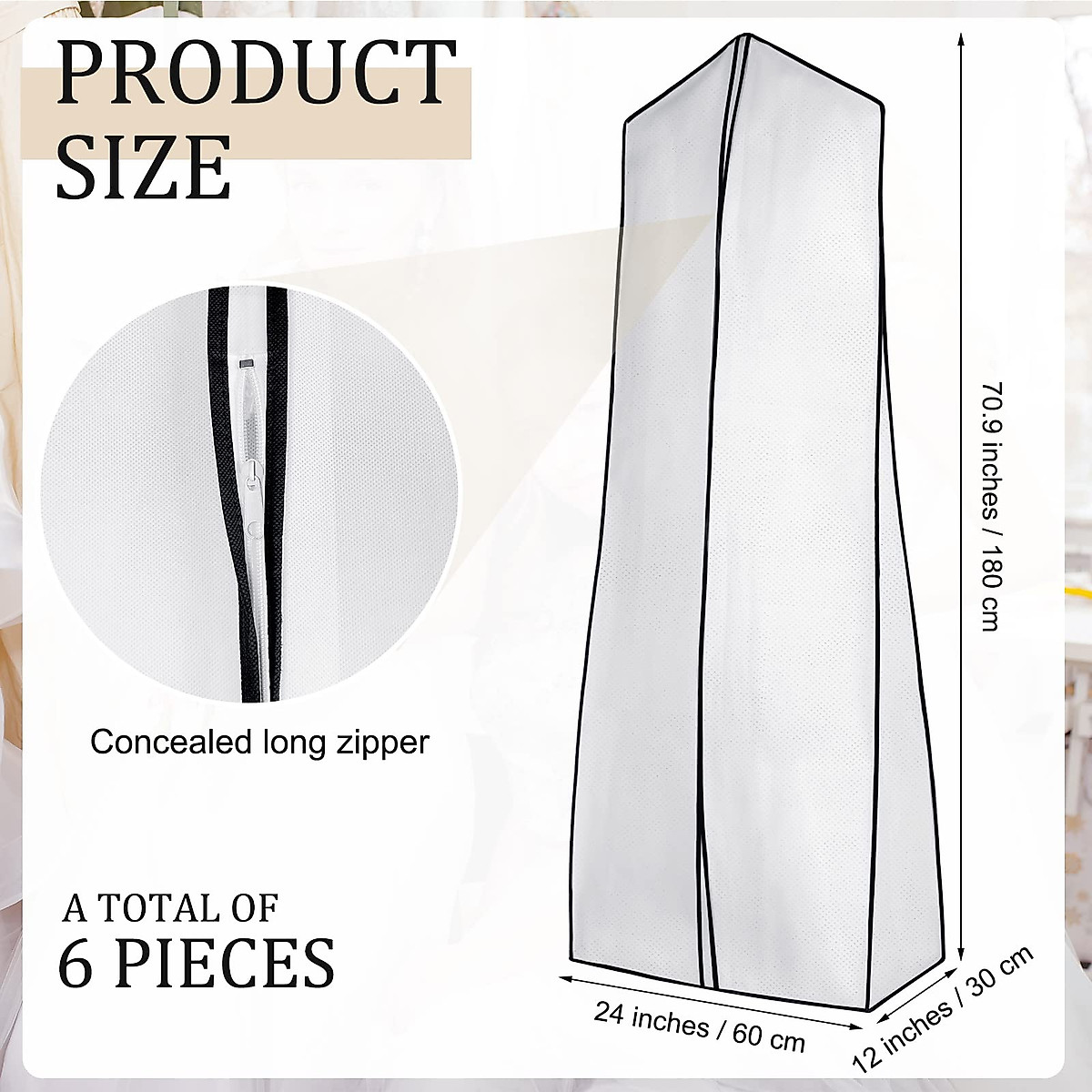 Woanger 6 Pcs 70.9" x 24" x 12" Bridal Wedding Gown Dress Garment Bag for Travel Large Garment Covers Hanging Foldable Non Woven Wedding Dress Bag for Storage Zipped Long Dress Cover (White)