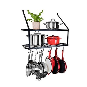 Heavy Duty Kitchen Wall Mounted Hanging Pot and Pan Rack Organizer with Ten Hooks | 2-Tiered Shelves For Kitchen Storage Organization, Bakers Rack, Cast Iron Skillets, Plants, Coffee Mugs (Black, 29")
