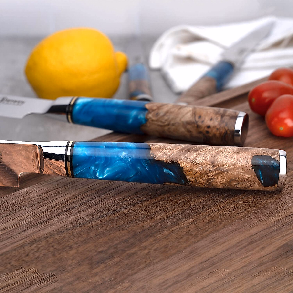 SENKEN Damascus Steak Knife Set - Tsunami Collection - 67-Layer Japanese VG10 Steel - Razor Sharp Serrated Blades, Blue Resin & Natural Wood Pattern Handles, Luxury Gift Box (6 Steak Knife Set)