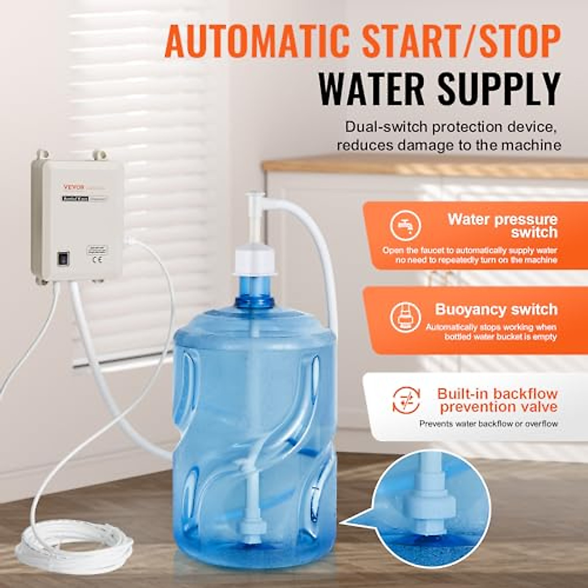 VEVOR Bottled Water Dispenser Pump System, 5 Gallon Dispensing System, Automatic Electric Water Dispenser, Single Inlet Water Jug Pump, Compatible Use with Coffee/Tea Machine, Refrigerator, Ice Maker