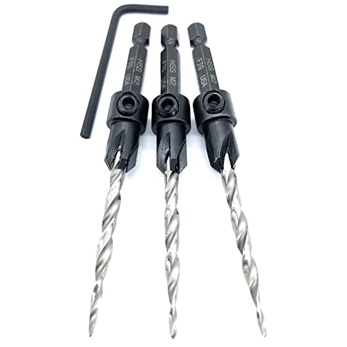 FTG USA Countersink Drill Bit Set 3 Pc #8 (11/64") Wood Countersink Drill Bit Pack Same Size Set Countersink HSS M2 Tapered Countersink Bit, with 1 Hex Wrench, Woodworking Countersink Drill Bits