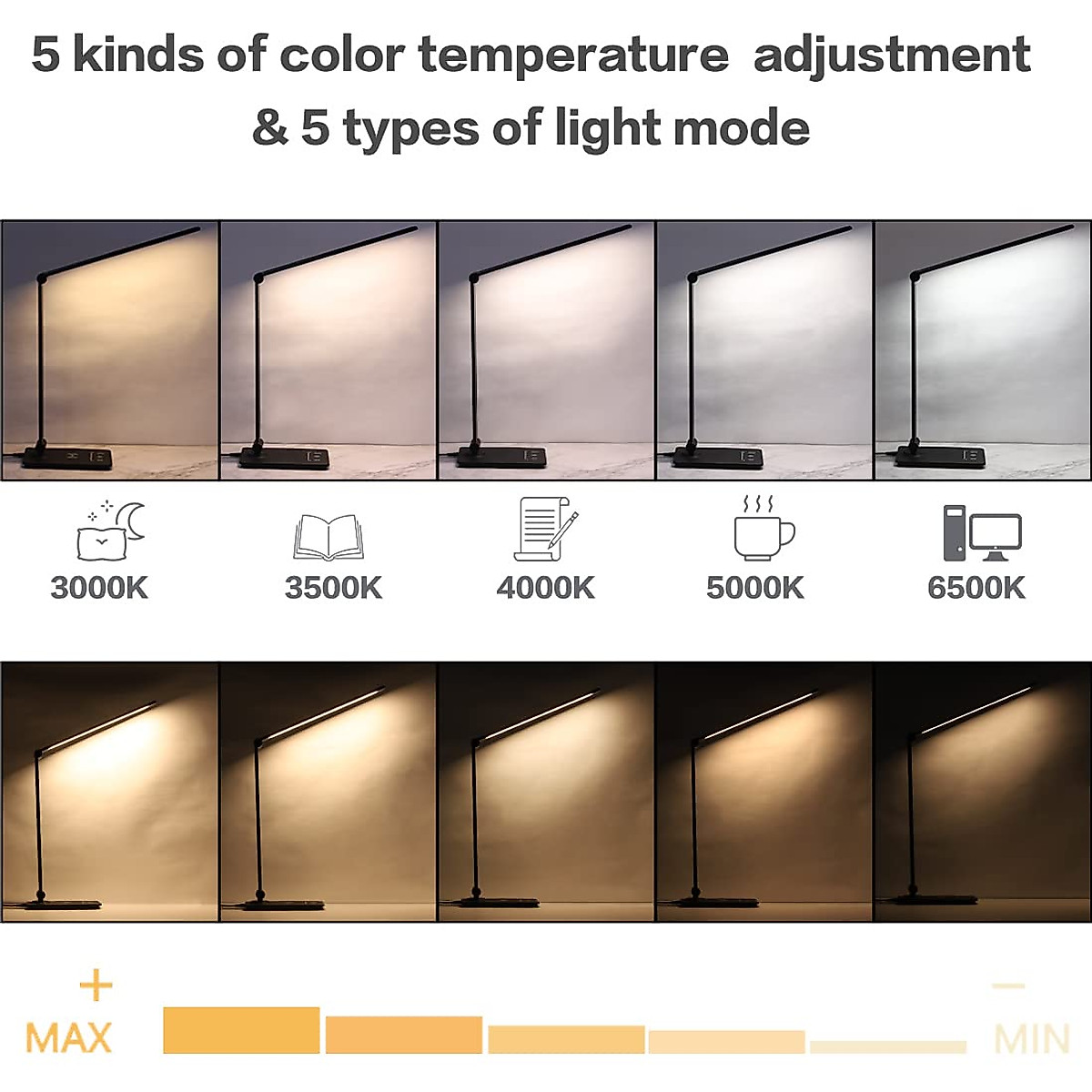 Starkitchen Desk Lamp with USB Charging Port Folding Office Lamp Touch Control 5 Kinds of Lighting Modes Can be Timed (Black)