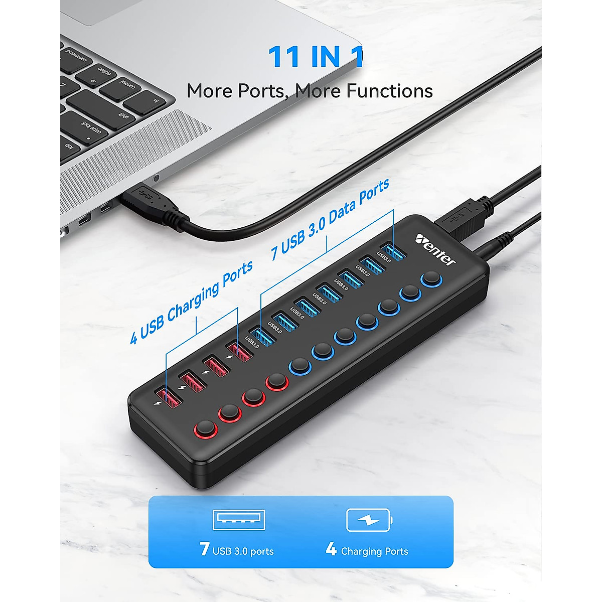 Powered USB 3.0 Hub, Wenter 11-Port Hub Splitter (7 Faster Data Transfer Ports+ 4 Smart Charging Ports) with Individual LED On/Off Switches, Power Adapter for Mac, PC