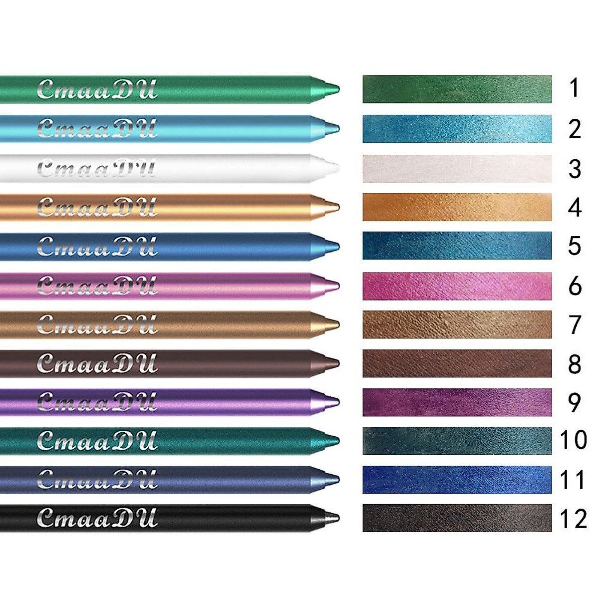 12Pcs Colored Gel Glitter Eyeliner Pencils Set Dark Light Emerald Green Sky Royal Blue Black White Pink Purple Brown Gold Eyeliner Pencils Eye Liner Liquid Liner Waterproof Smudge Proof delineadores