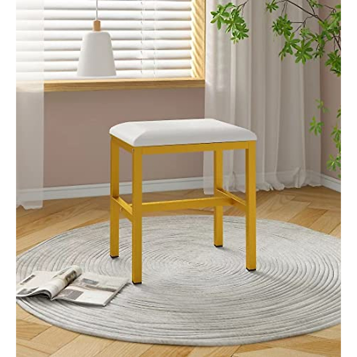 Vanity Bench Vanity Stool Chair for Bathroom Makeup Vanity Chair for Vanity Makeup Room Small Tall Gold White-NO pre-drilled Holes in The Bottom
