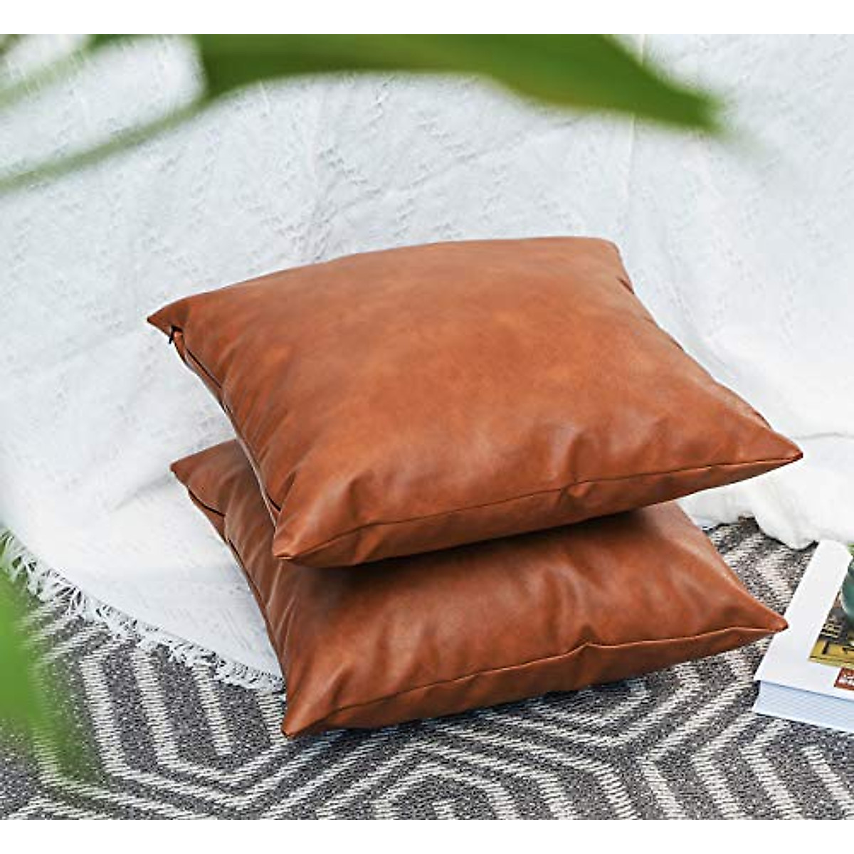 SEEKSEE Brown Faux Leather Accent Throw Pillow Cover 18x18 inch, 2-Pack Modern Country Farmhouse Style Pillowcase for Bedroom Living Room Sofa