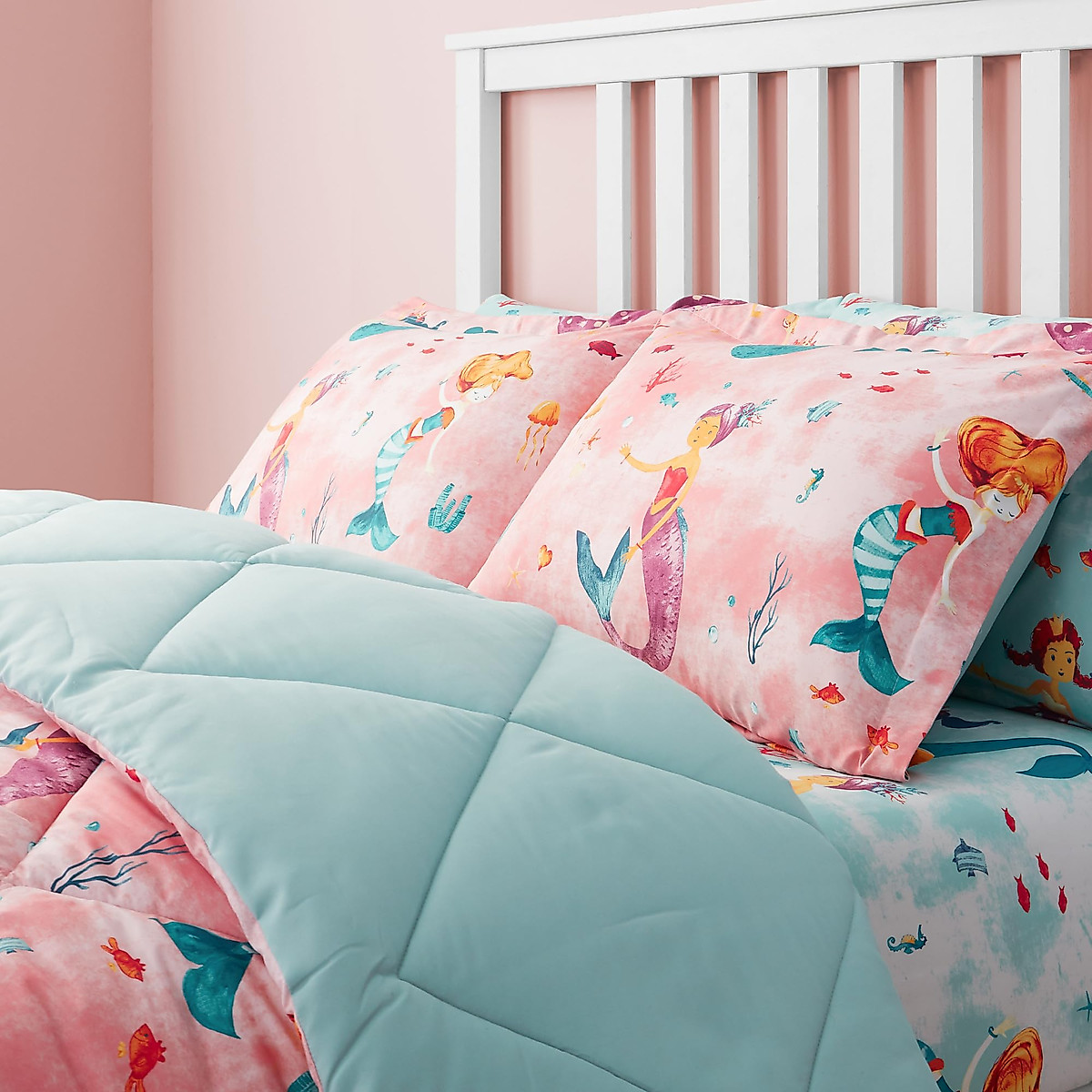 UMCHORD Pink Mermaid Kids Bedding Set for Girls, Twin Size 5 Pieces Bed in a Bag, Super Soft Lightweight Microfiber Comforter Set with Sheets, Hotel Quality Durable Children Bed Set