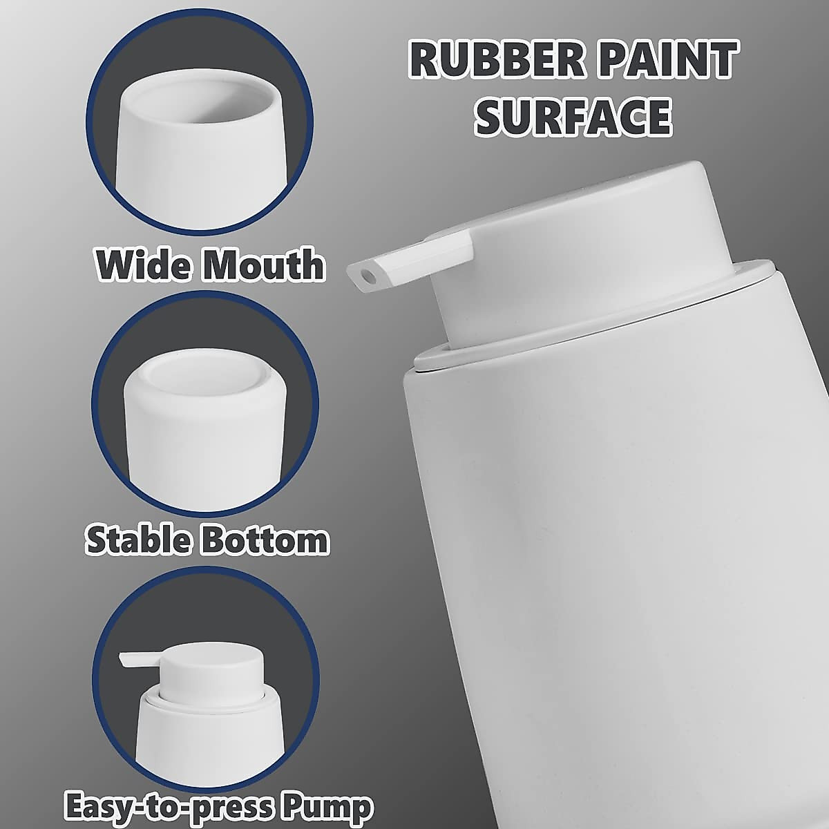 White Foam Hand Soap Dispenser - 12Oz Ceramic Foaming Soap Dispenser for Bathroom with Easy-to-Press Pump, Refillable Liquid Lotion Hand Soap Dispenser, Dish Soap Dispenser for Kitchen (Rubber Paint)