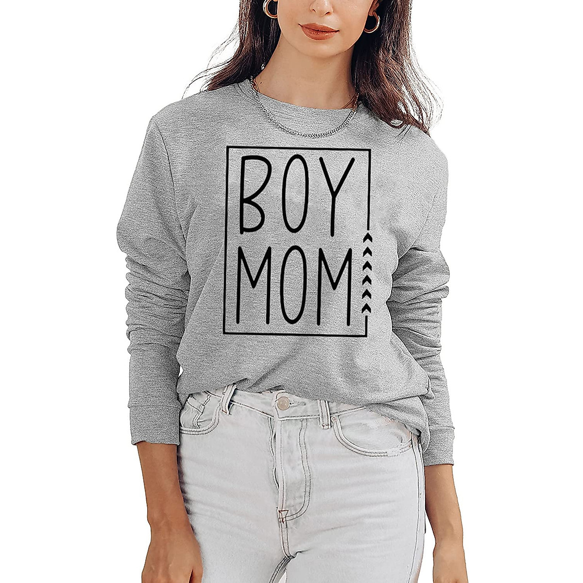 MYCHTE Boy Mom Sweatshirt for Women Casual Fall Winter Long Sleeve Pullover Tops Funny Letter Print Boy Mama T Shirt (XL, Gray)