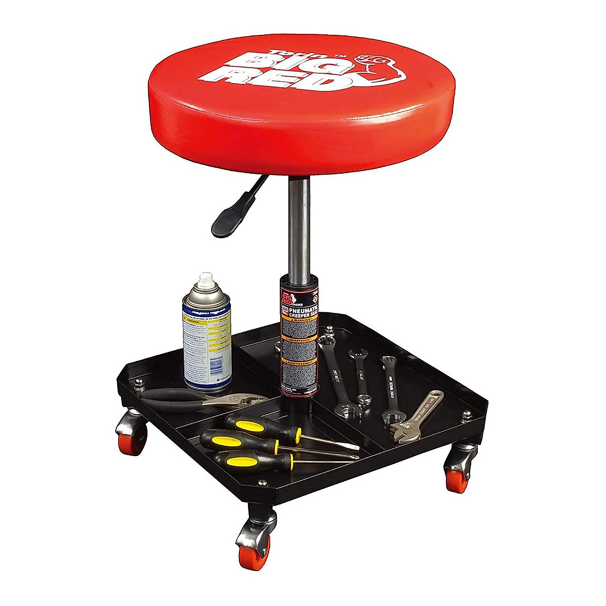 BIG RED TR6350 Torin Rolling Pneumatic Creeper Garage/Shop Seat: Padded Adjustable Mechanic Stool with Tool Tray Storage, Red Large