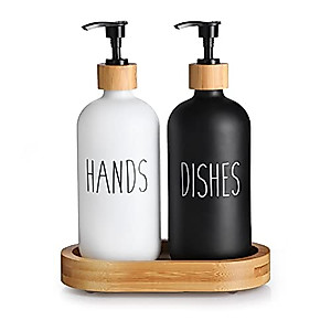 HULISEN Dish Soap Dispenser Set with Bamboo Tall Tray, Kitchen Soap Dispenser Set, Matte Hand and Dish Soap Dispenser Set for Modern/Boho/Farmhouse Kitchen Decor (Black & White)