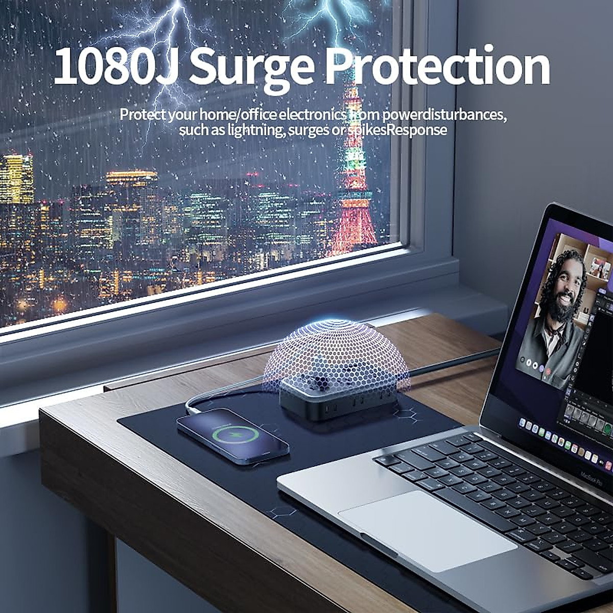 Flat Plug Extension Cord 25 Ft, NTONPOWER 6 Widely Spaced Outlet(2 Side) Power Strip with 4 USB Port, Overload Protection, Wall Mount Charging Station for Home Office, Dorm Room and Nightstand, Black…