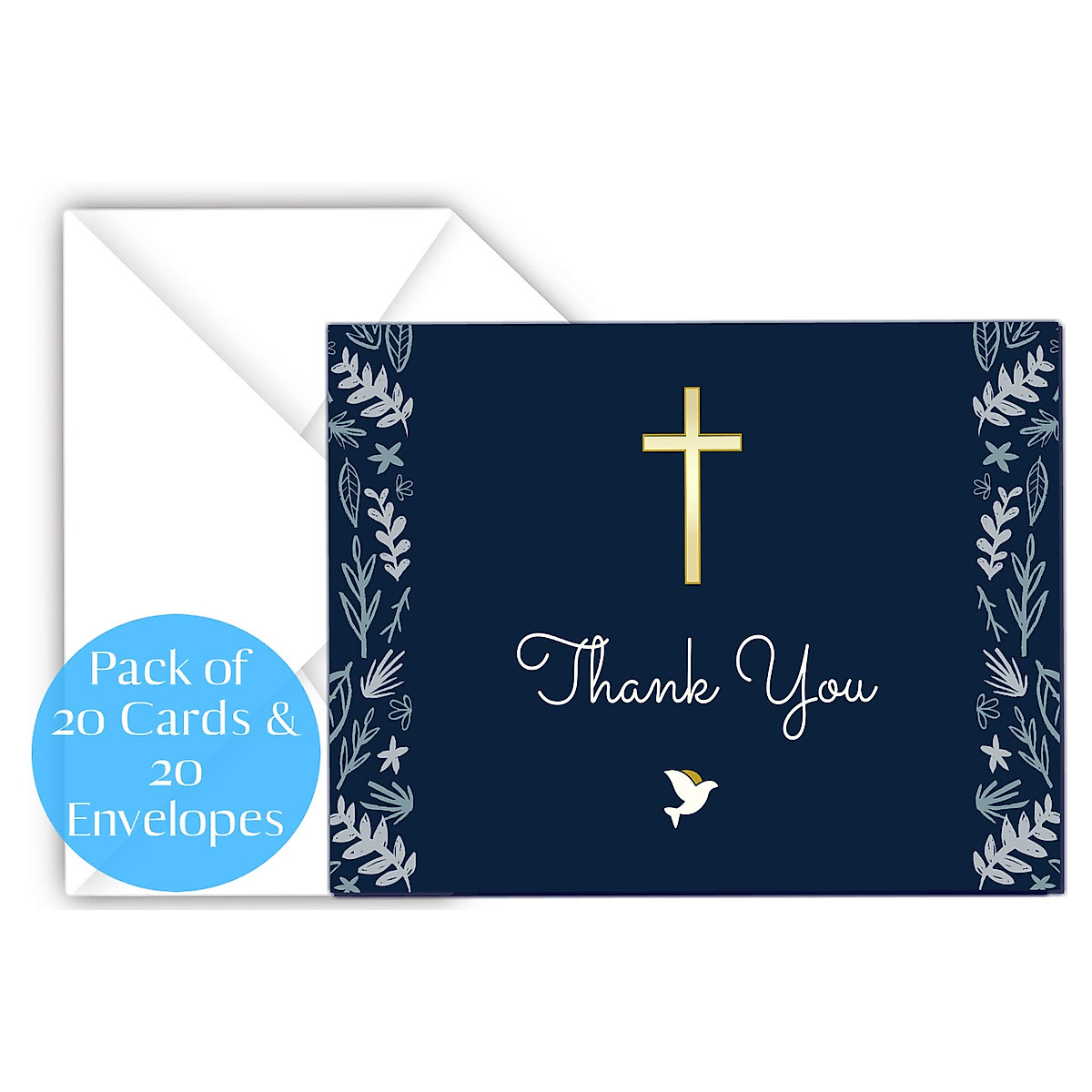 Elcer 20 Christian Thank You Cards Religious Catholic acknowledgment Notes Navy Blue & Gold Holy Communion Baptism Confirmation Christening Reconciliation Funeral with envelopes 8x5.5 (Navy Blue)