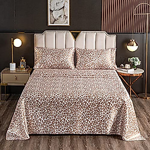 UDEAL California King Sheet Sets, 4 Pieces Silky Soft Satin Bed Sheets, Luxury California King Sheets Deep Pocket, Breathable & Fade Resistant, Beige Leopard