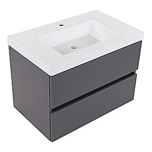 Spring Mill Cabinets Innes 30 Inch Floating Bathroom Vanity with White Single Sink Top, 2 Soft-Close Drawers, 30.5" W x 18.75" D x 22.25" H, Cement