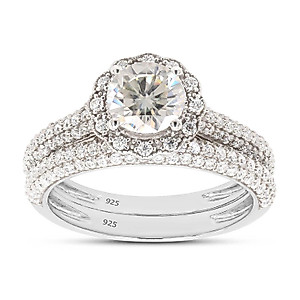 SAVEARTH DIAMONDS 1 1/2 ct. t.w Center 6MM Round Cut Lab Created Moissanite Diamond Double Halo Bridal Set Ring In 14k White Gold Over Sterling Silver (VVS1 Clarity, 1.50 Cttw)-7