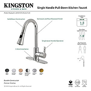 Kingston Brass LS8720CTL Continental Single-Handle Pull-Down Kitchen Faucet, Matte Black