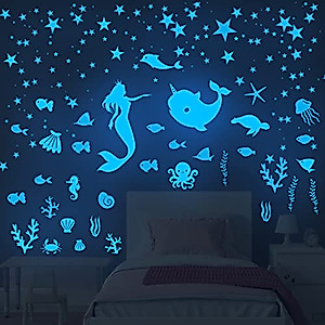 Mermaid Wall Decals Glow in The Dark Stars, Removable Ocean Fish Stickers for Ceiling, Luminous Wall Decor for Nursery Playroom Classroom, Girls Birthday Christmas Gift Decoration