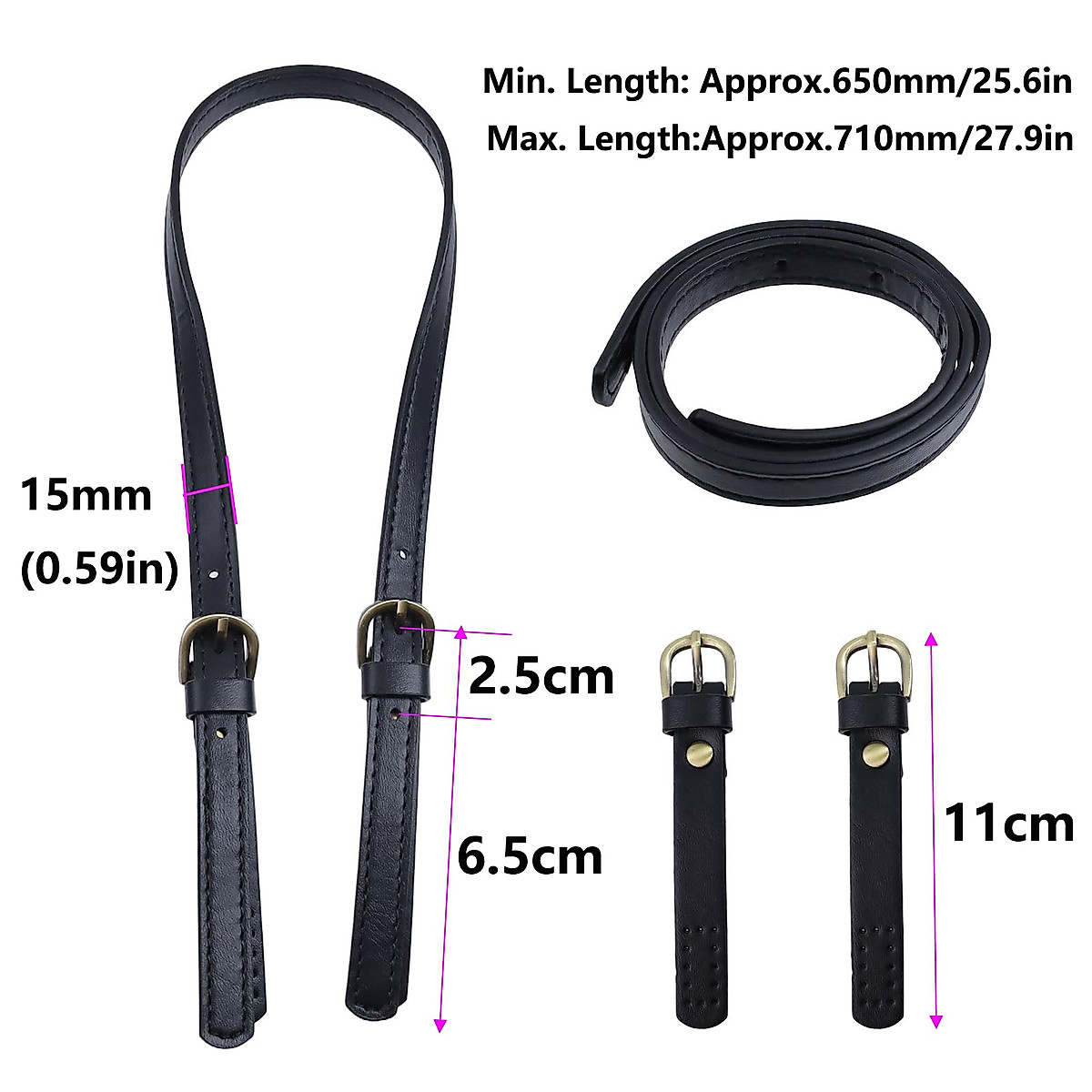 Semetall PU Leather Purse Handles 2 Pcs 65cm to 71cm Adjustable Shoulder Strap Black Purse Straps, Shoulder Strap Replacement for Crossbody