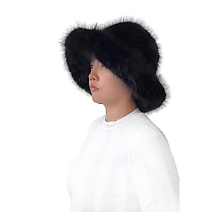 Lina & Lily Oversized Winter Faux Fur Bucket Hat for Women - Long Pile Fur Wide Moldable Brim (Black)