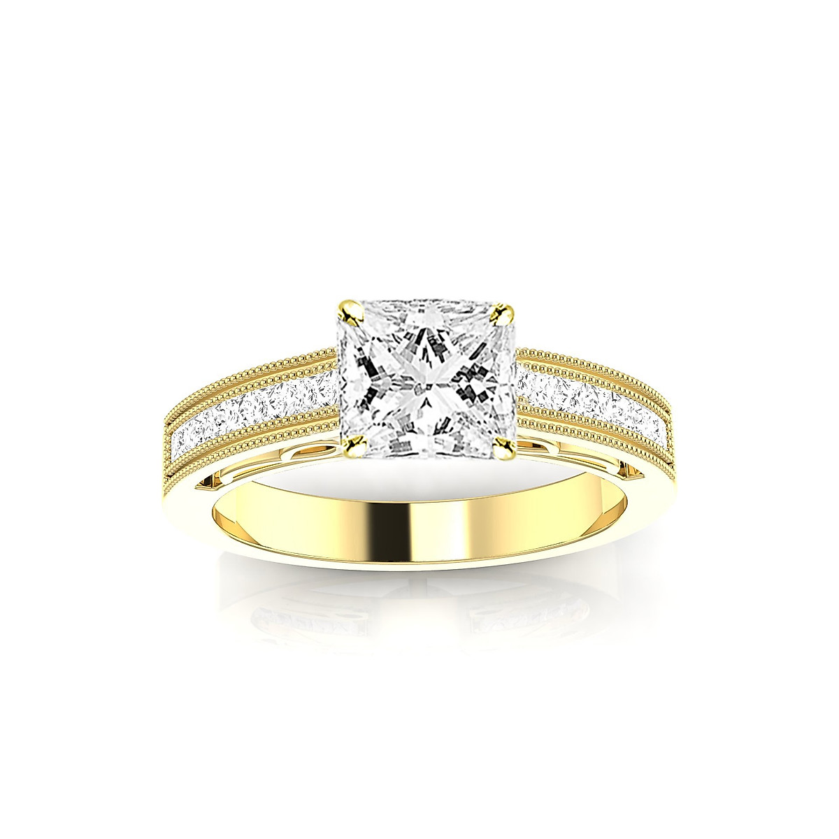 Houston Diamond District 2 Carat 14K Yellow Gold Channel Set Princess Cut Diamond Engagement Ring with Milgrain with a 1.6 Carat Moissanite Center - Size 7