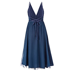Women Deep V Neck Tulle Dress Spaghetti Strap Backless Party Wedding Cocktail Midi Dress Ladies Dresses Sleeves Dark Blue