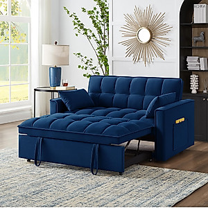 LUMISOL 4 in 1 Loveseat Sofa Bed with Armrests and Storage Pockets, Multifunctional Tufted Pull-Out Sofa Bed with Adjustable Backrest and Pillows, Convertible Loveseat Sofa Couch, 2 Seat, Blue