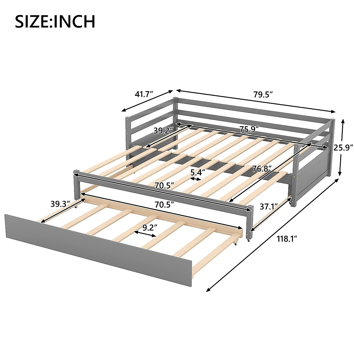 Merax Modern Extending Daybed with 2 Pop Up Trundle Beds Twin to King Wood Sofa Day Bed with Headboard No Box Spring Needed Grey