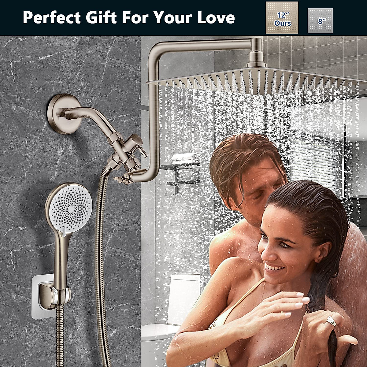 Shower Head Brushed Nickel, Upgraded 12" Rain Shower Head with 12" Flexible Curved Shower Extension Arm and High Pressure 4 Setting Handheld Shower Head Combo, Built-in Power Wash, 60’’ Shower Hose