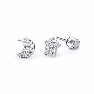 14k White Gold Star & Moon Stud Earrings with Screw Back