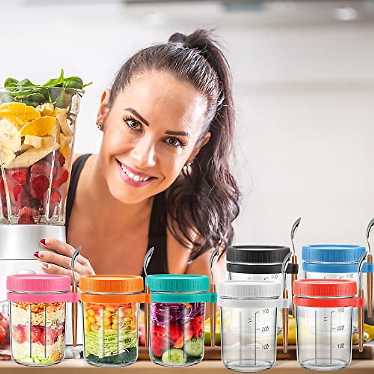 12 Pcs Overnight Oats Jars with Lid and Spoon, 12 oz Large Capacity Airtight Oatmeal Container Bulk with Measurement Marks, Mason Jars with Lid for Cereal on the Go Container