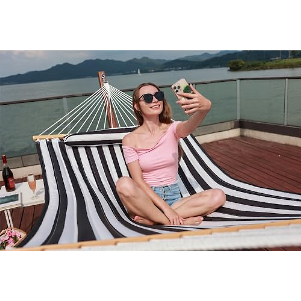 HARBOURSIDE 12FT Quilted Hammock with Spreader Bar, 2 Person Double Hammock with Pillow and Chains, Hammock for Indoor Outdoor, Bedroom Patio, 450 lbs Capacity，Black Stripe