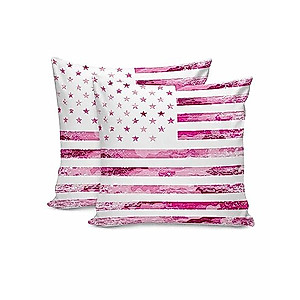 Set of 2 Throw Pillow Covers Square for Home Decor, Independence Day Pink Camo American Flag Patriotic 18x18 Inch Cotton Reversible Pillow Case Sofa Soft Cushion Cases for Bedroom Couch Bed Car Chair