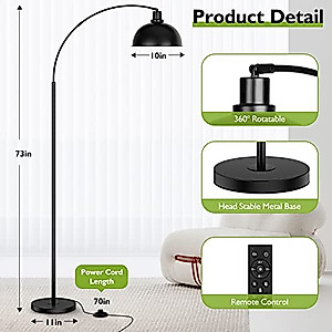 Arc Floor Lamps for Living Room, Modern Tall Standing Lamp Remote Control,Stepless Dimmable Black Floor Lamp with Hanging Dome Shade, Over Couch Arched Reading Lamp for Bedroom, Office (Bulb Included)