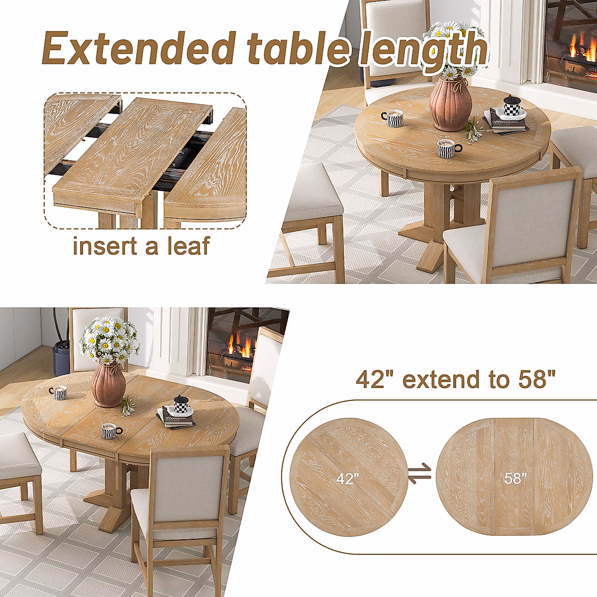 Knocbel 5-Piece Dining Sets 42-58" Extendable Round Table with 4 Upholstered Chairs, Farmhouse Rubber Solid Wood Frame Dining Set for 4 to 6 People Kitchen Dining Room, Natural Wood Wash