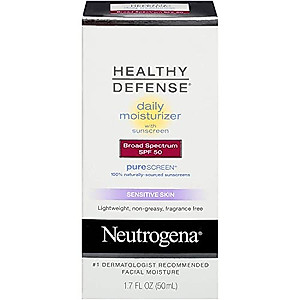 Neutrogena Healthy Defense Daily Moisturizer for Sensitive Skin with SPF 50, Mineral Sunscreen with Zinc Dioxide & Titanium Dioxide, Oil-Free & Fragrance-Free, 1.7 fl. oz (Pack of 2)