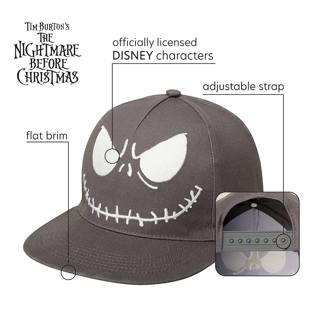 Disney Nightmare Before Christmas Baseball Cap, Snapback Hat for Men, Jack Skellington Grey