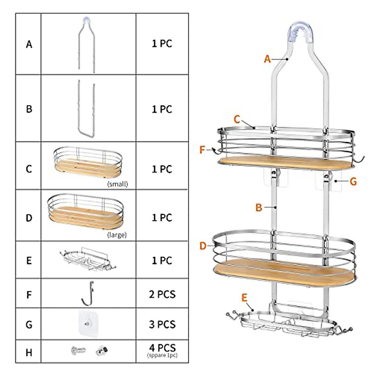 Hanging Shower Caddy, Stainless Steel Bathroom Hanging Shower Organizer Rack Basket, Rustproof Bamboo Basket with Hooks for Towels, Soap, Shampoo, shower accessories, Silver