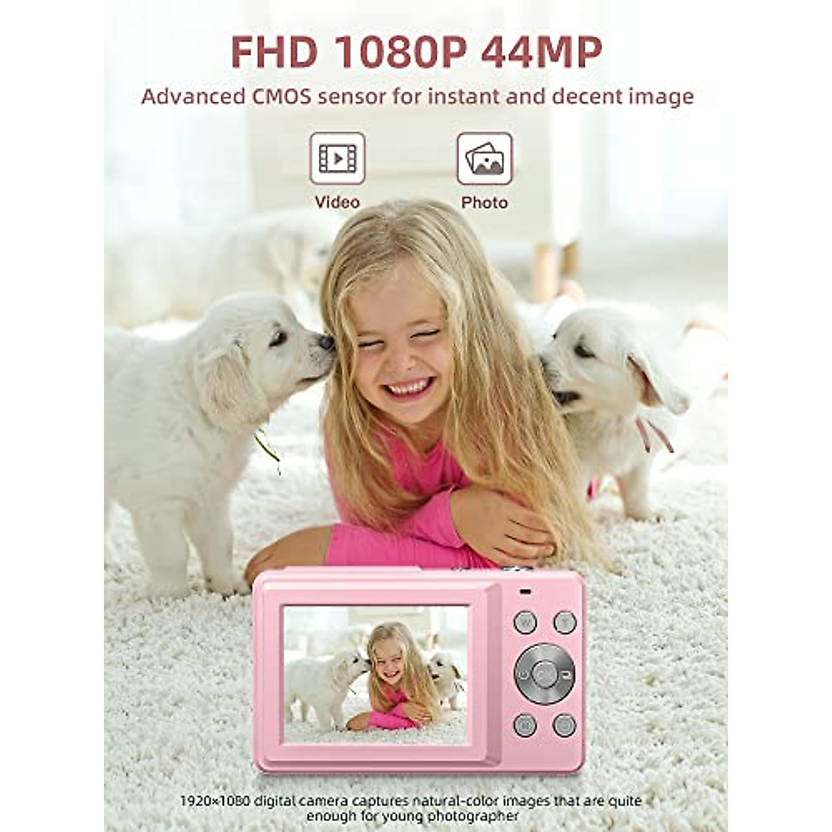 Digital Camera, FHD 1080P Digital Point and Shoot Camera for Kids 44MP Vlogging Camera with Anti Shake 16X Zoom, Compact Kids Camera Small Camera for Boys Girls Teens Students Seniors- Pink