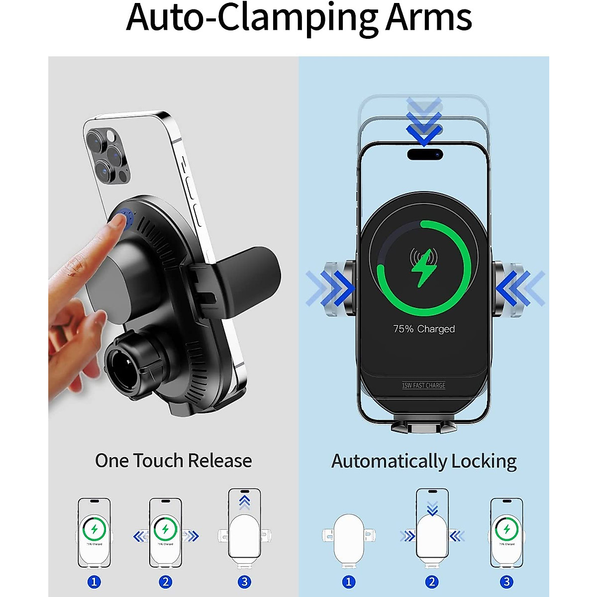 KPON Wireless Charger for Car - Auto Clamping Car Phone Holder Mount Wireless Charging - Dashboard Air Vent Wireless Car Charger Compatible with Popsocket/Otterbox/Thick Cases up to10mm