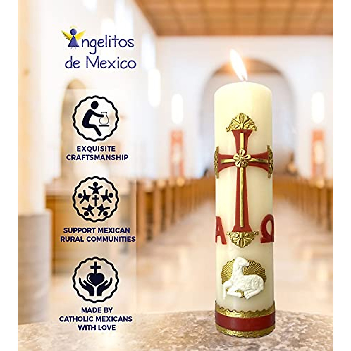 Alpha Omega Candle for Baptism, Confirmation, Easter Lent Cirio para Bautizo, Confirmacion O Boda Cirio Pascual (Red)