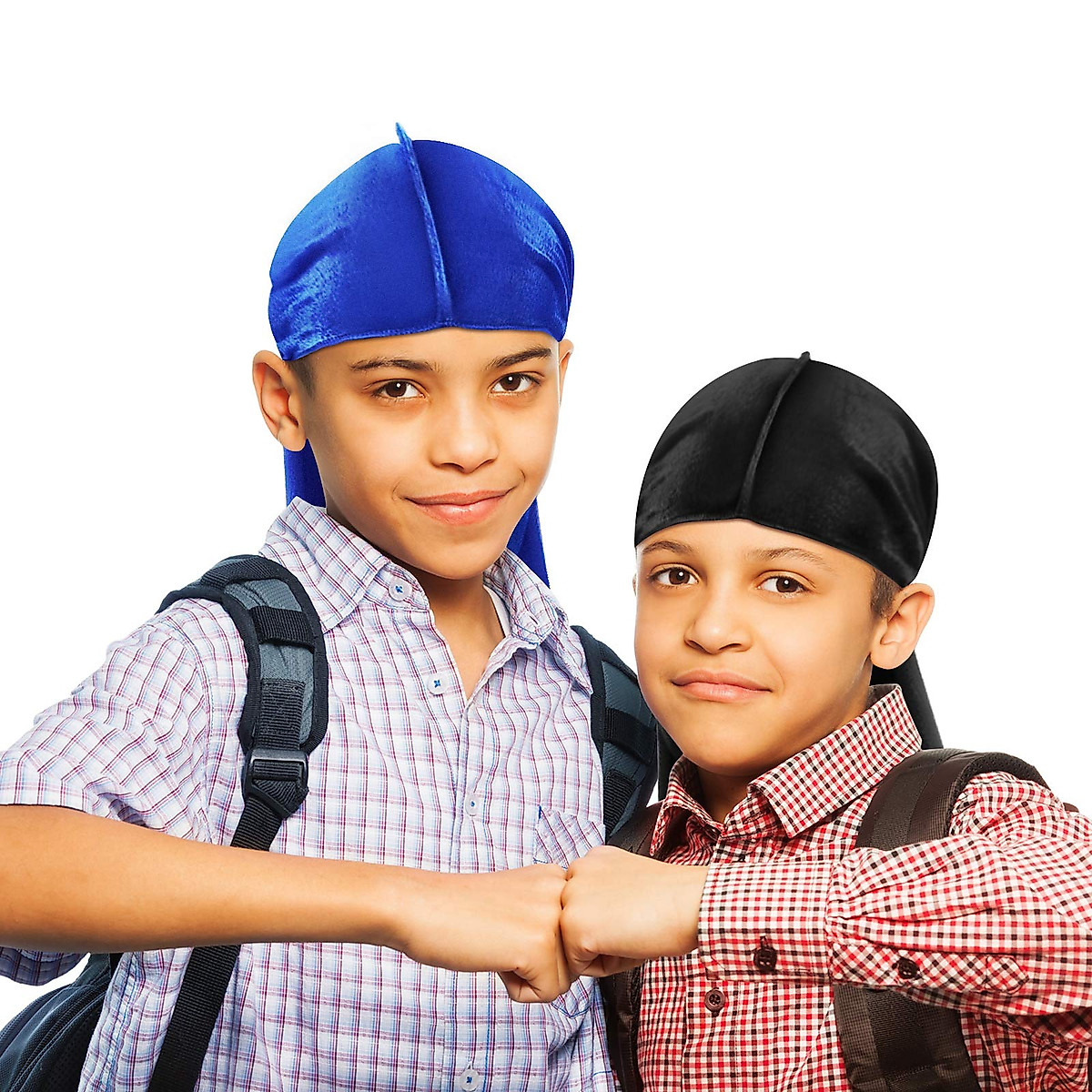 2 Pieces Velvet Baby Durags Kids Durag Caps 360 Wave Wide Strap Headwraps Long Tail Turban Beanies for Boys Girls (Black, Royal Blue)