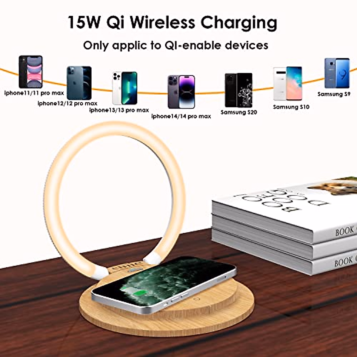 emie Wireless Charger Pad with Lamp, Fast Max 15W Wireless Charging Solution for Qi Enabled/iPhone/Galaxy, LED Touch Table Lamp for Bedside Nightstand Desk and Bedroom Dorm Home Office Decor