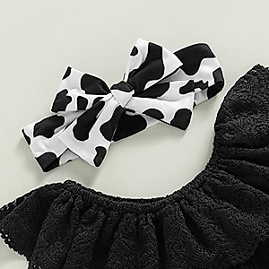 Western Baby Girl Clothes Newborn Rib Ruffle Long Sleeve Knit Romper Cow Print Flared Pants Headband Set 3Pcs Outfits (Black Sleeveless, 0-3 Months)