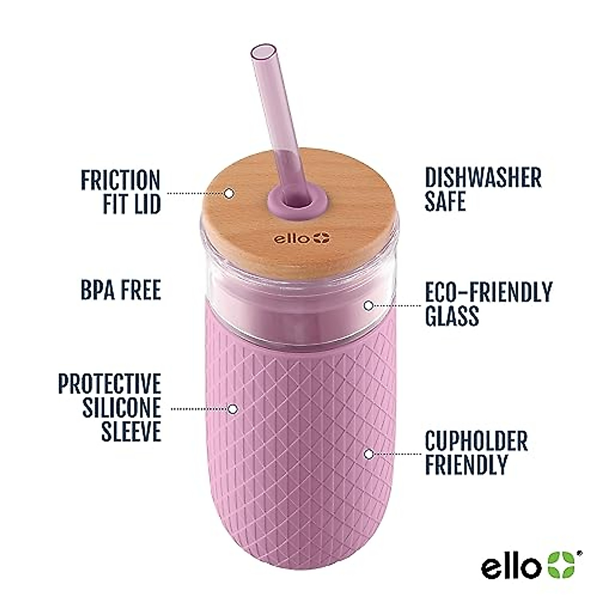 Ello Devon 18oz Glass Tumbler with Straw, Friction Fit Bamboo Wood Lid and Silicone Sleeve | Perfect for Iced Coffee, Tea, and Smoothies | Mauve