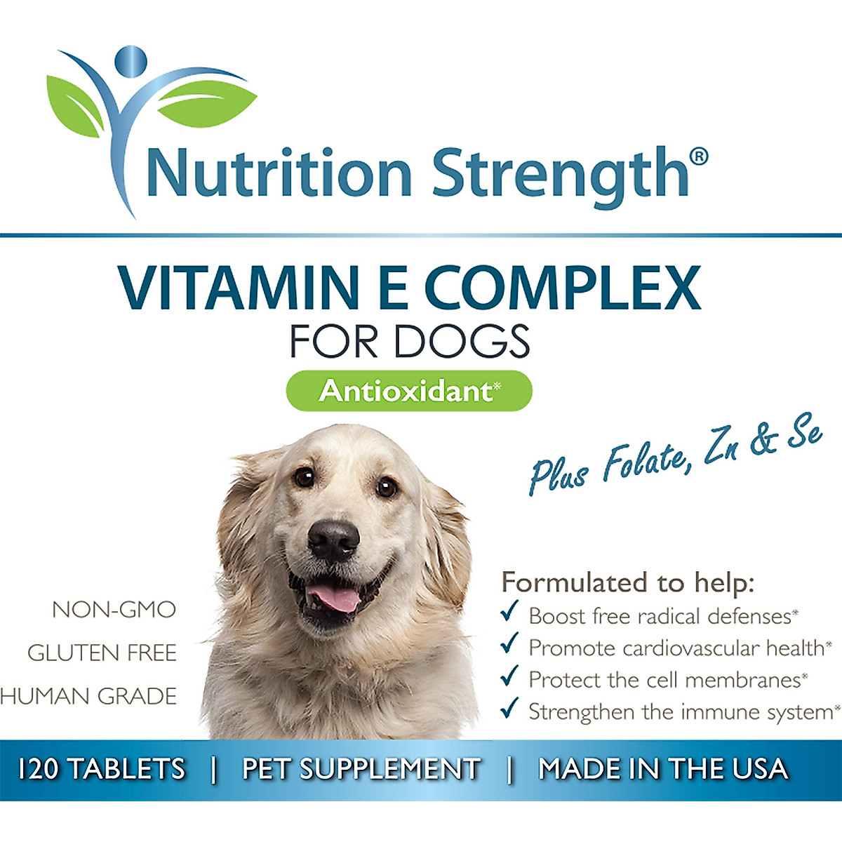 Nutrition Strength Vitamin E for Dogs, Promote Cardiovascular Health, Support Cell Membranes, Vitamin E Complex to Boost Dog Immune System Plus Zinc, Selenium, Folate, Salmon Oil, 120 Chewable Tablets